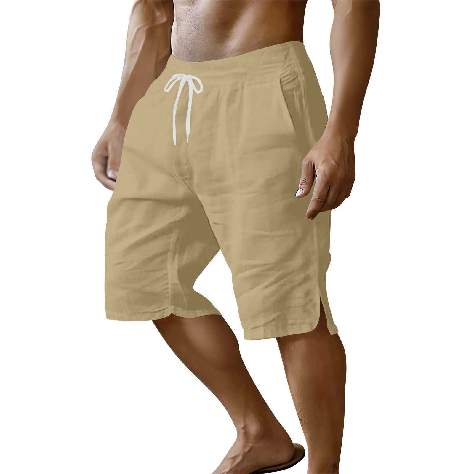 100% Cotton Shorts for Men Side Split Wide Leg Elastic Solid Color ...