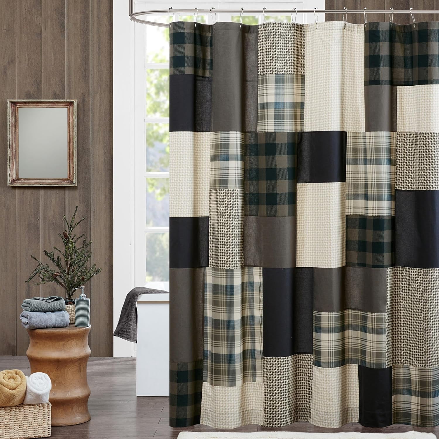 100% Cotton Shower Curtain with Cabin Lodge Plaid Pieced Design ...