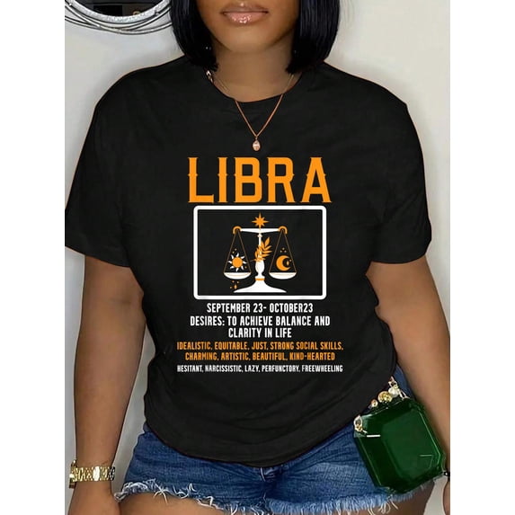 100% Cotton Sign of the Zodiac Libra Black Casual Astrology Zodiac Sign ...
