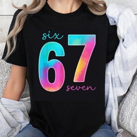 100% Cotton Six 67 Seven Rainbow Colorful Number Design Women's Casual ...