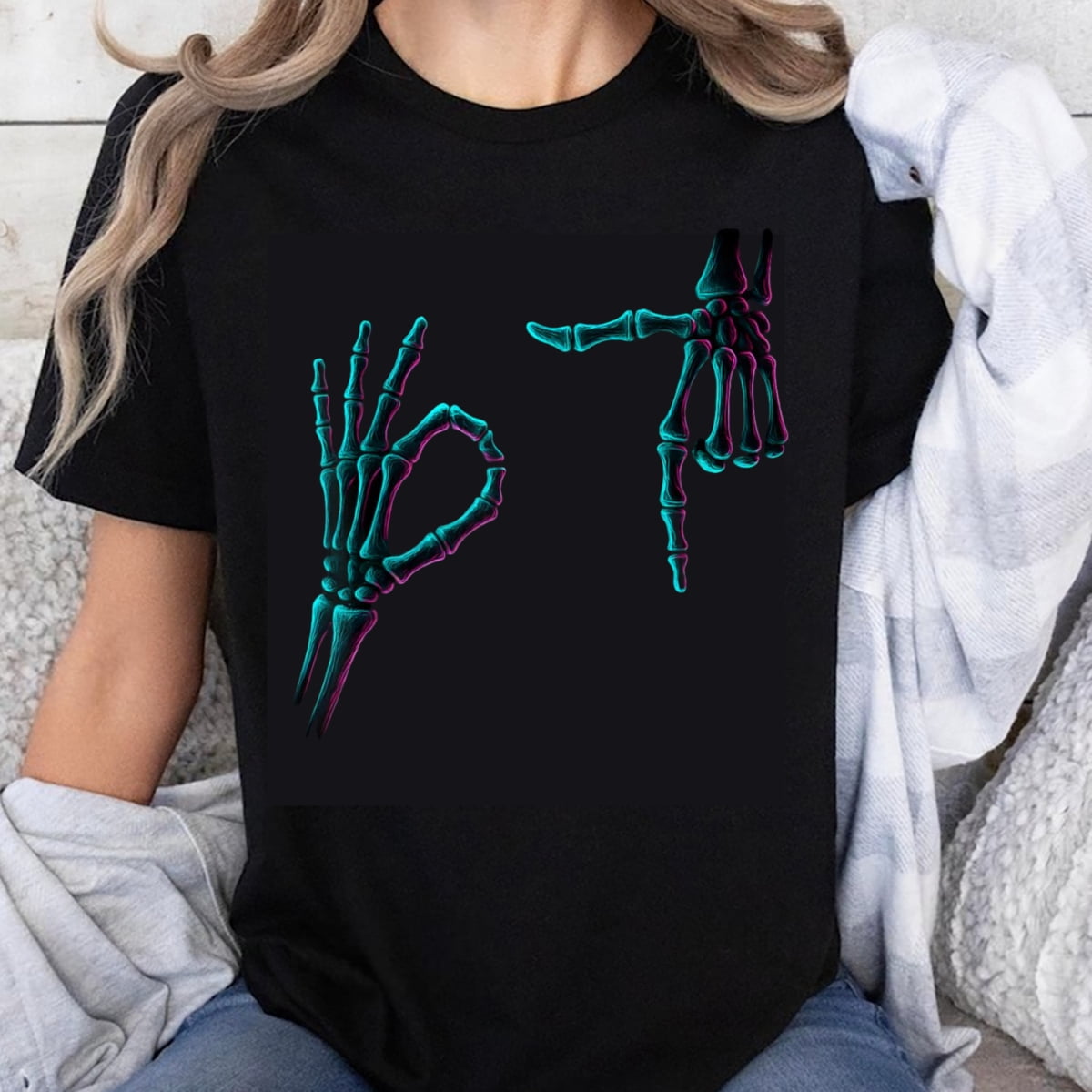 100% Cotton Skeleton Hands Glow In Dark Halloween Shirt Women Men Black ...