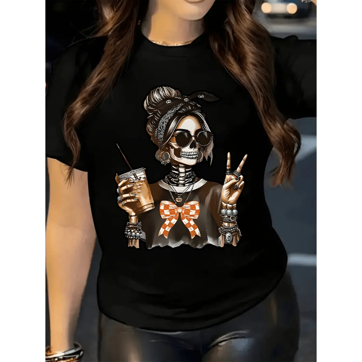 100% Cotton Skull Coffee Graphic T Shirt For Women Edgy Skeleton Peace ...