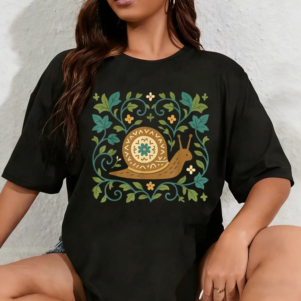100% Cotton Snail Graphic Tee Folk Pattern Botany Art Cottagecore Snail ...