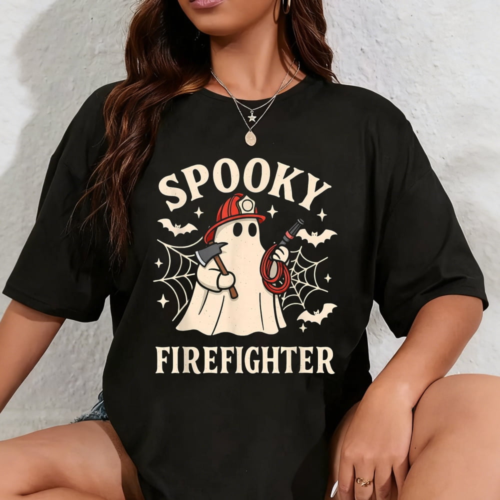 100% Cotton Spooky Firefighter Ghost Funny Halloween Costume Fire Man T ...