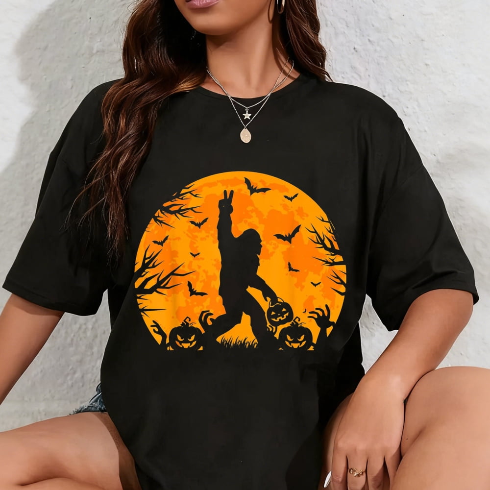 100% Cotton Spooky Halloween Bigfoot Pumpkin Funny Halloween Sasquatch ...