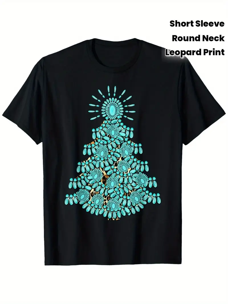 100% Cotton T-Shirt with Turquoise Christmas Tree & Leopard Print ...