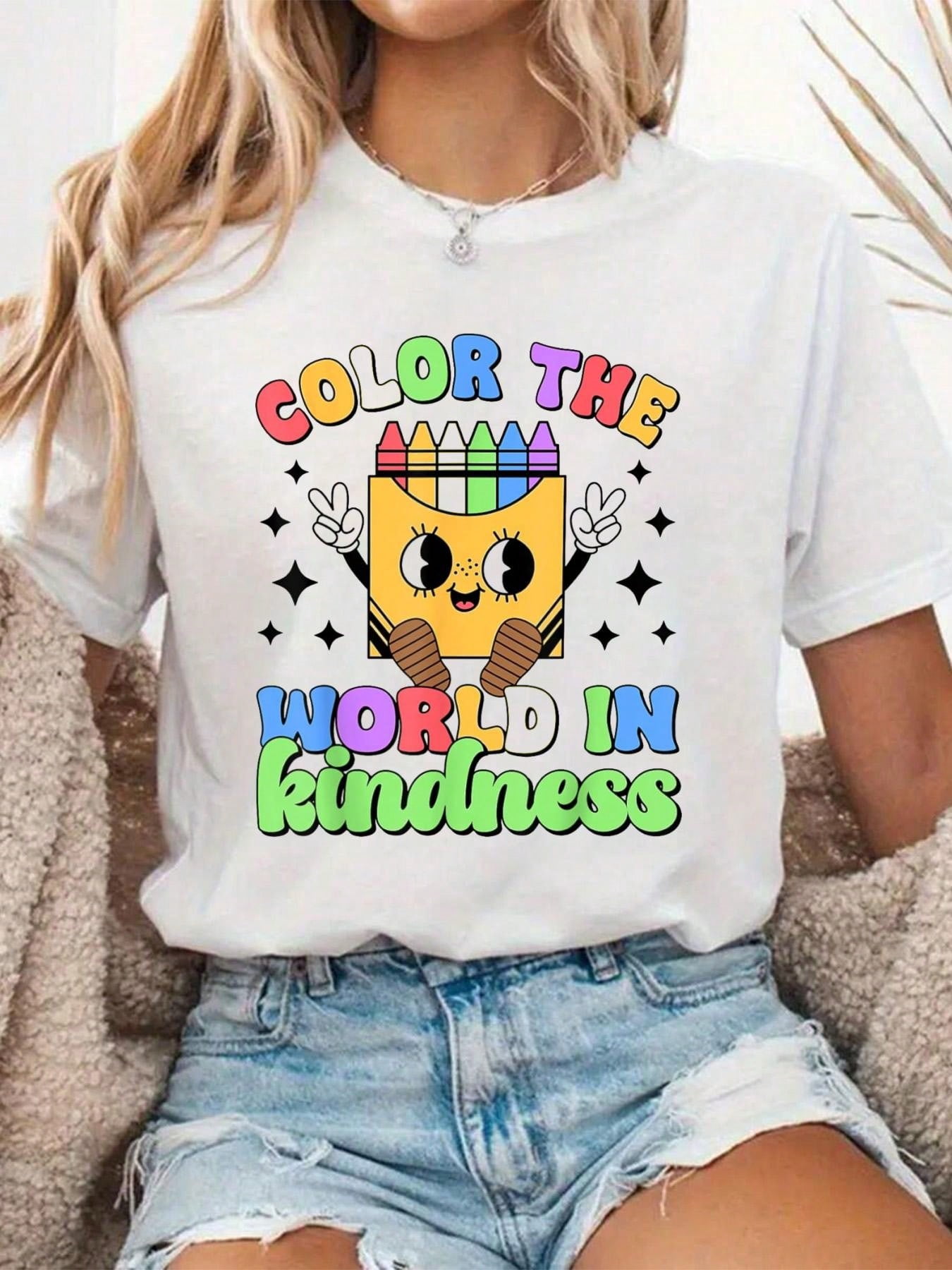 100% Cotton Teacher Back To School Color In Kindness Crayon Pencil T ...