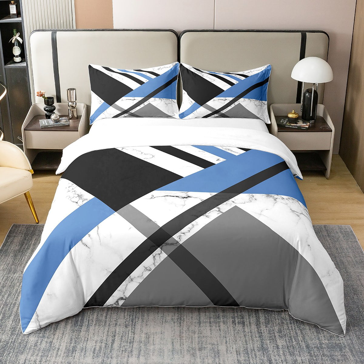 100% Cotton Teen Boys Blue Grey Geometric Bedding Set Twin Patchwork ...