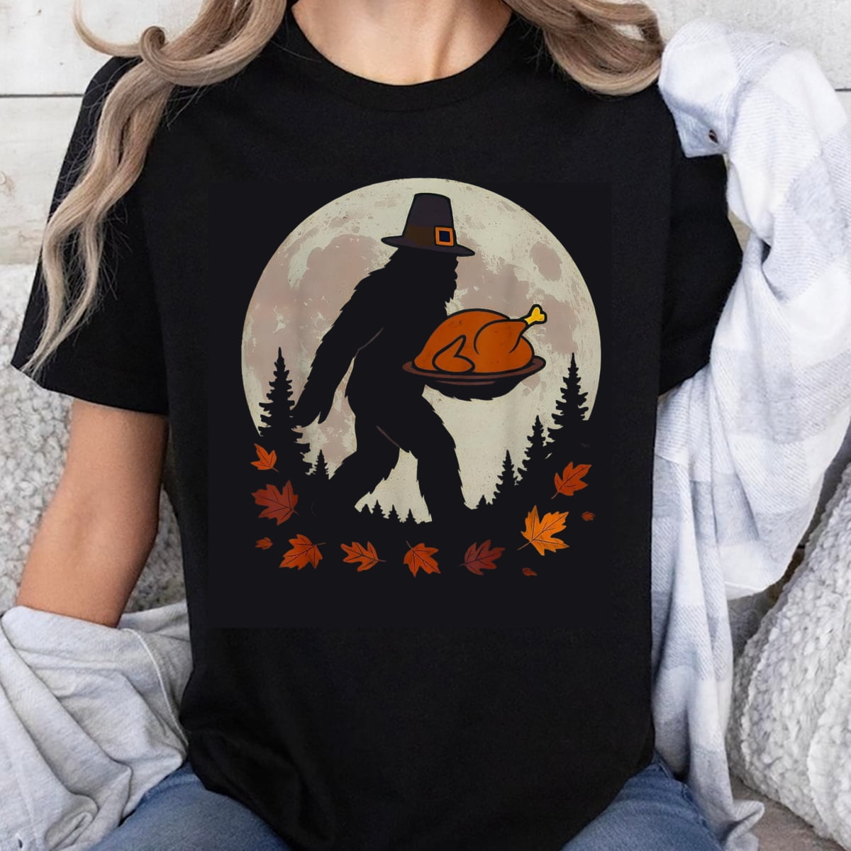 100% Cotton Thanksgiving Bigfoot Turkey Hunter Moon Forest Autumn ...