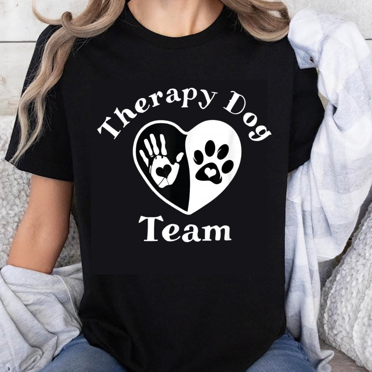 100% Cotton Therapy Dog Team T-Shirt With Heart Hand And Paw Print ...
