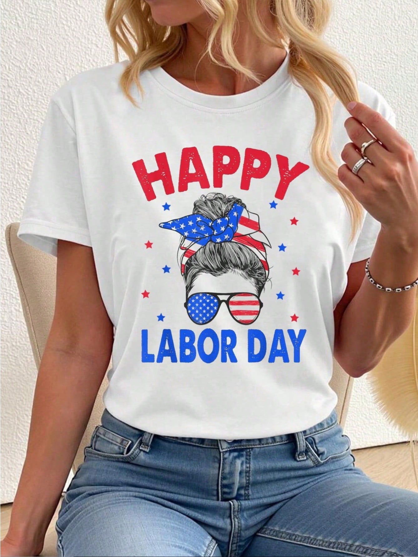 100% Cotton Top Happy Labor Day Shirt For Women Messy Bun Labor Day USA ...