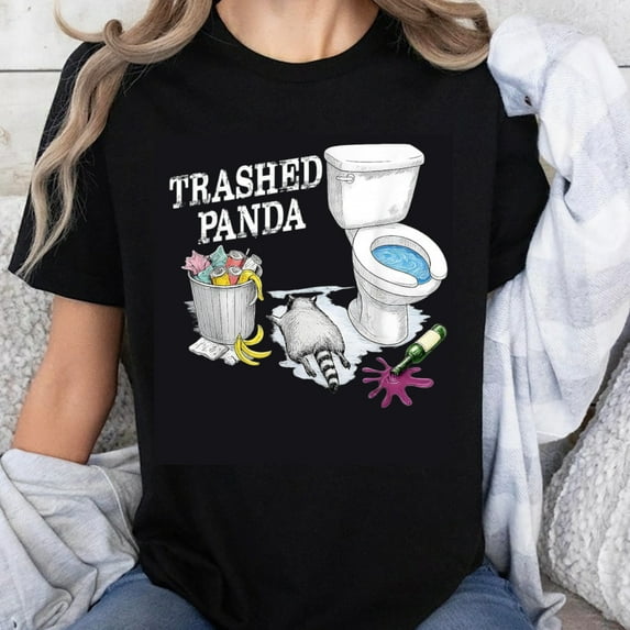 100% Cotton Trashed Panda Funny Animal Humor Toilet Trash Can Beer ...