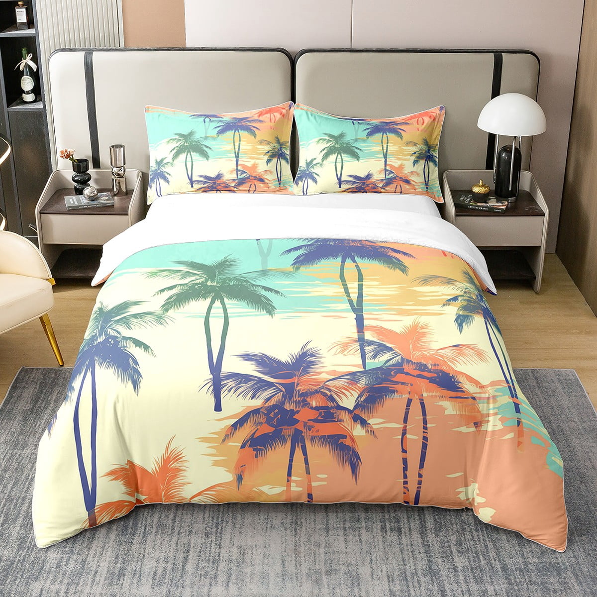 100% Cotton Tropical Bed Set King,Watercolor Palm Tree Leaf Duvet Cover ...