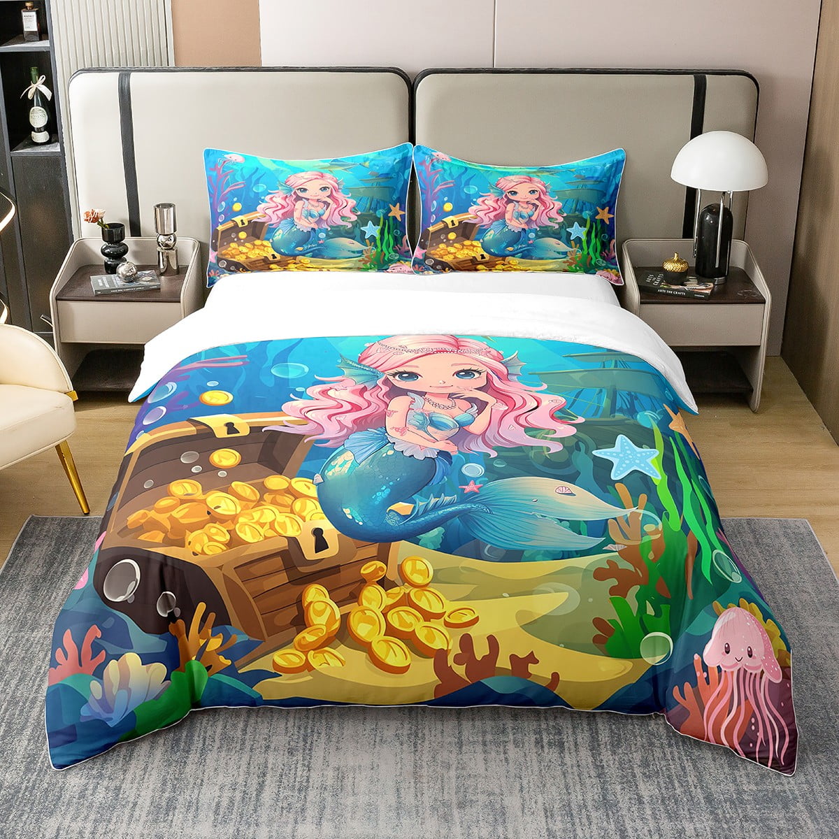 100% Cotton Twin Mermaid Bed Set,Kawaii Mermaid Princess Duvet Cover ...