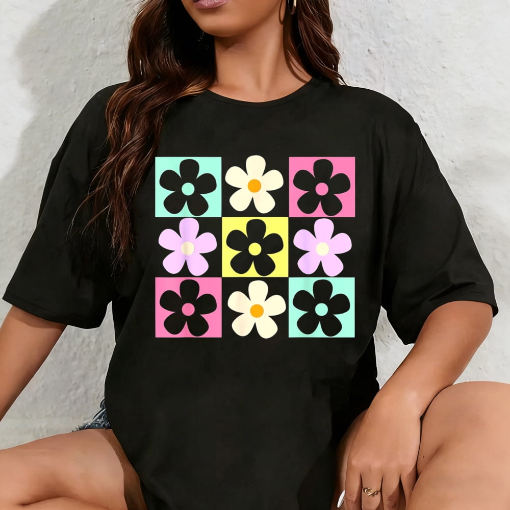 100% Cotton Unisex Cute Flower Pattern Retro Groovy Daisy Flower 70s T ...