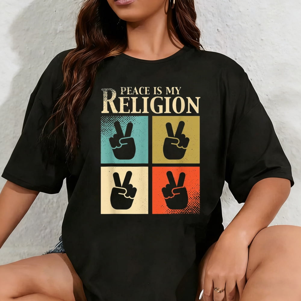 100% Cotton Unisex Hand Peace is My Religion Love and Light Slogan ...