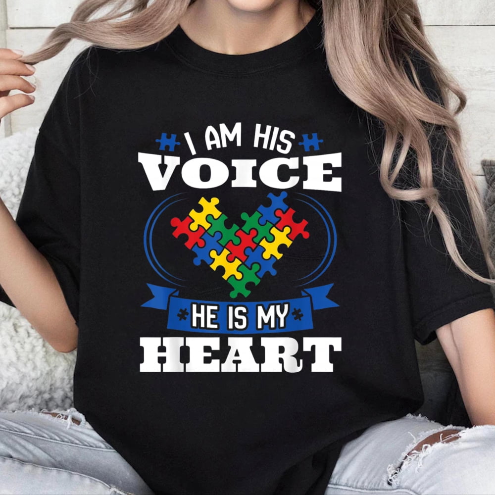100% Cotton Unisex I Am His Voice He is My Heart Autism Awareness T ...