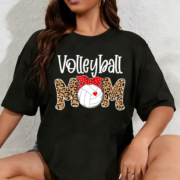 100% Cotton Unisex Volleyball Mom Leopard Messy Bun Game Day Funny ...