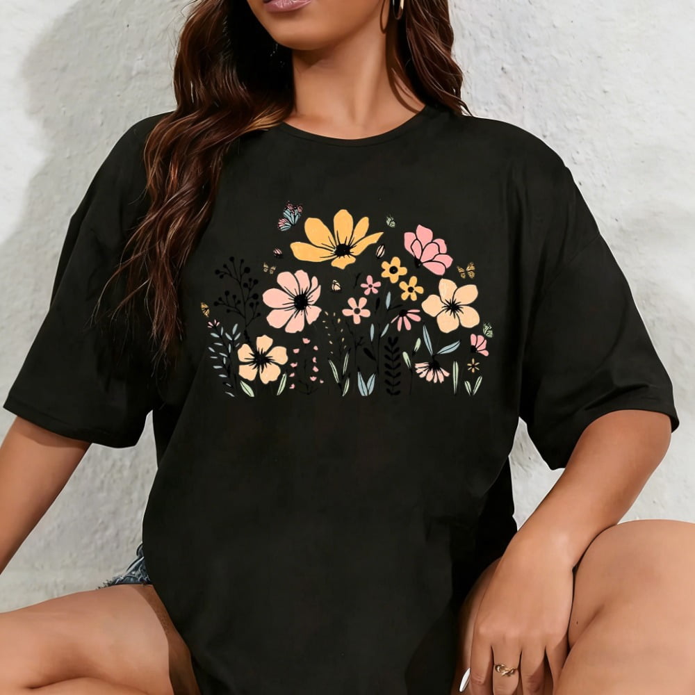 100% Cotton Unisex Womens Graphic Tee Vintage Boho Wildflower Floral ...