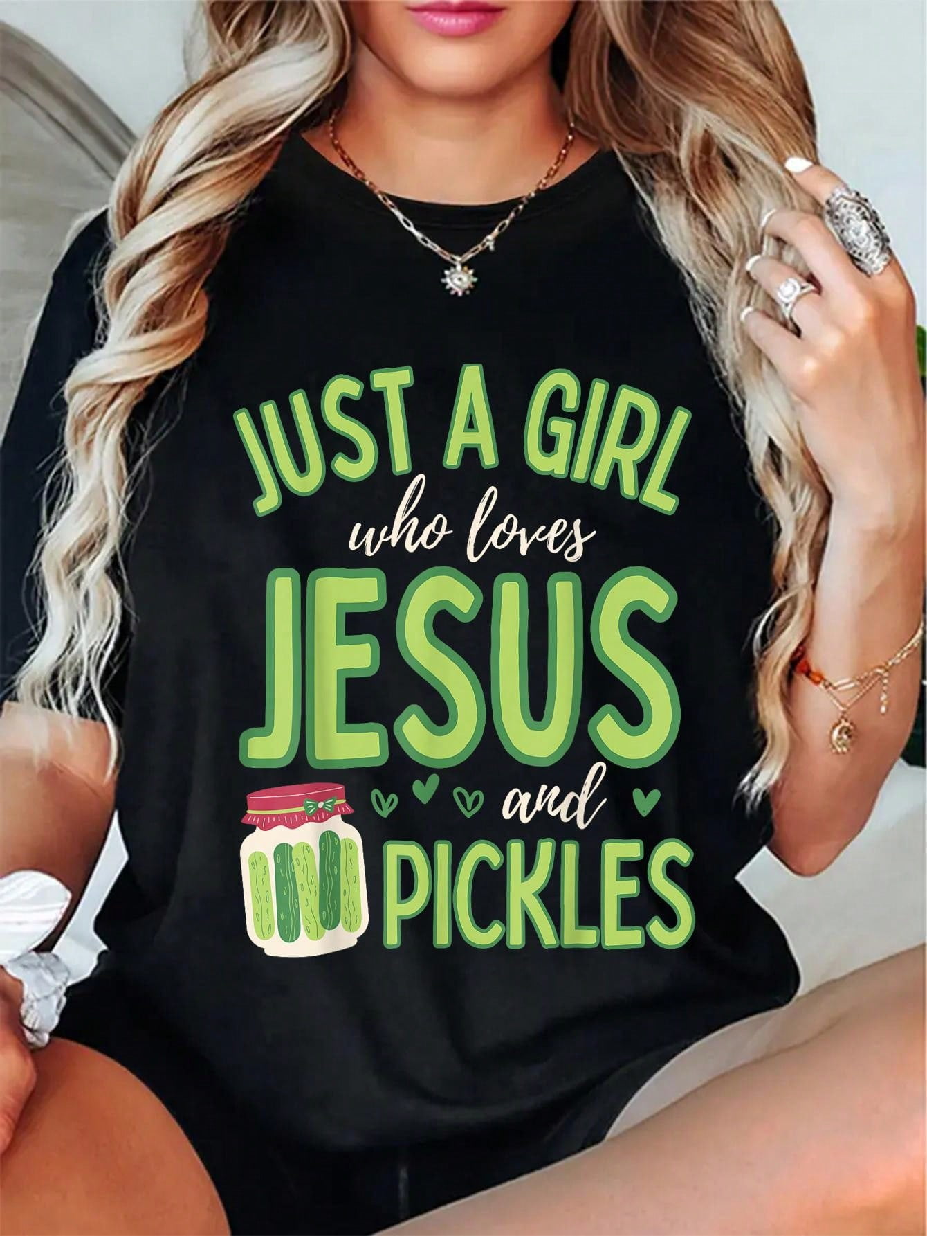 100% Cotton Ust A Girl Who Loves Jesus And Pickles Funny Cute T-Shirt ...