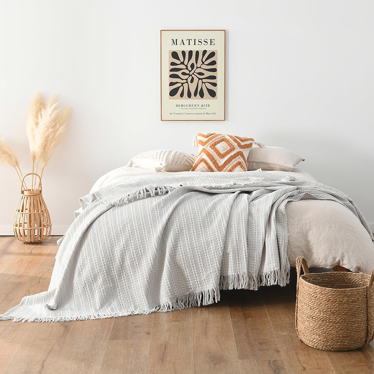 100% Cotton Waffle Queen Blanket with Fringe, Pre-Washed Waffle Weave ...