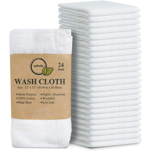 100% Cotton Washcloths 24 Pack (12x12 Inches) Soft, Highly Absorbent ...