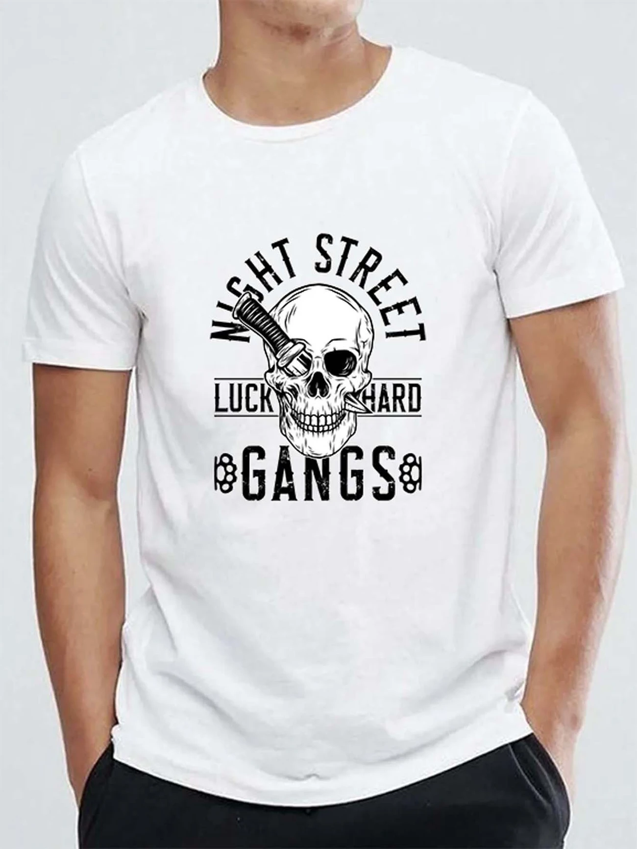 100% Cotton White T-shirt Trendy Night Street Luck Hard Gangs Skull ...