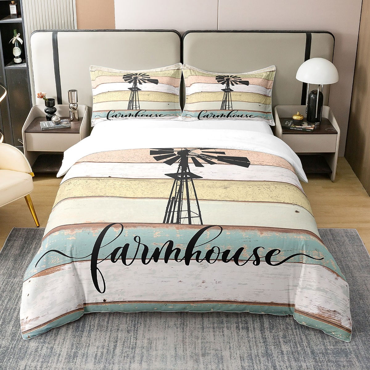 100% Cotton Windmill Decor Farmhouse Duvet Cover,Rustic Wood Farm ...