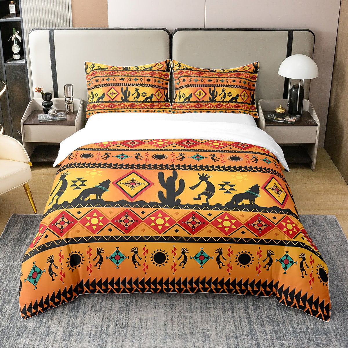 100% Cotton Wolf Bedding Set King Size Aztec Duvet Cover, Southwestern ...