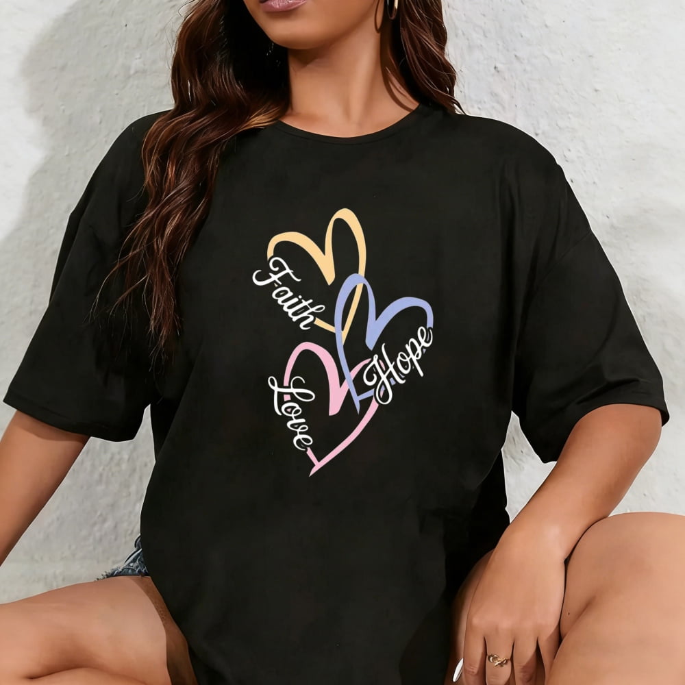 100% Cotton Women Graphic T-Shirt, Hope Love Faith Hearts Classic-Fit ...