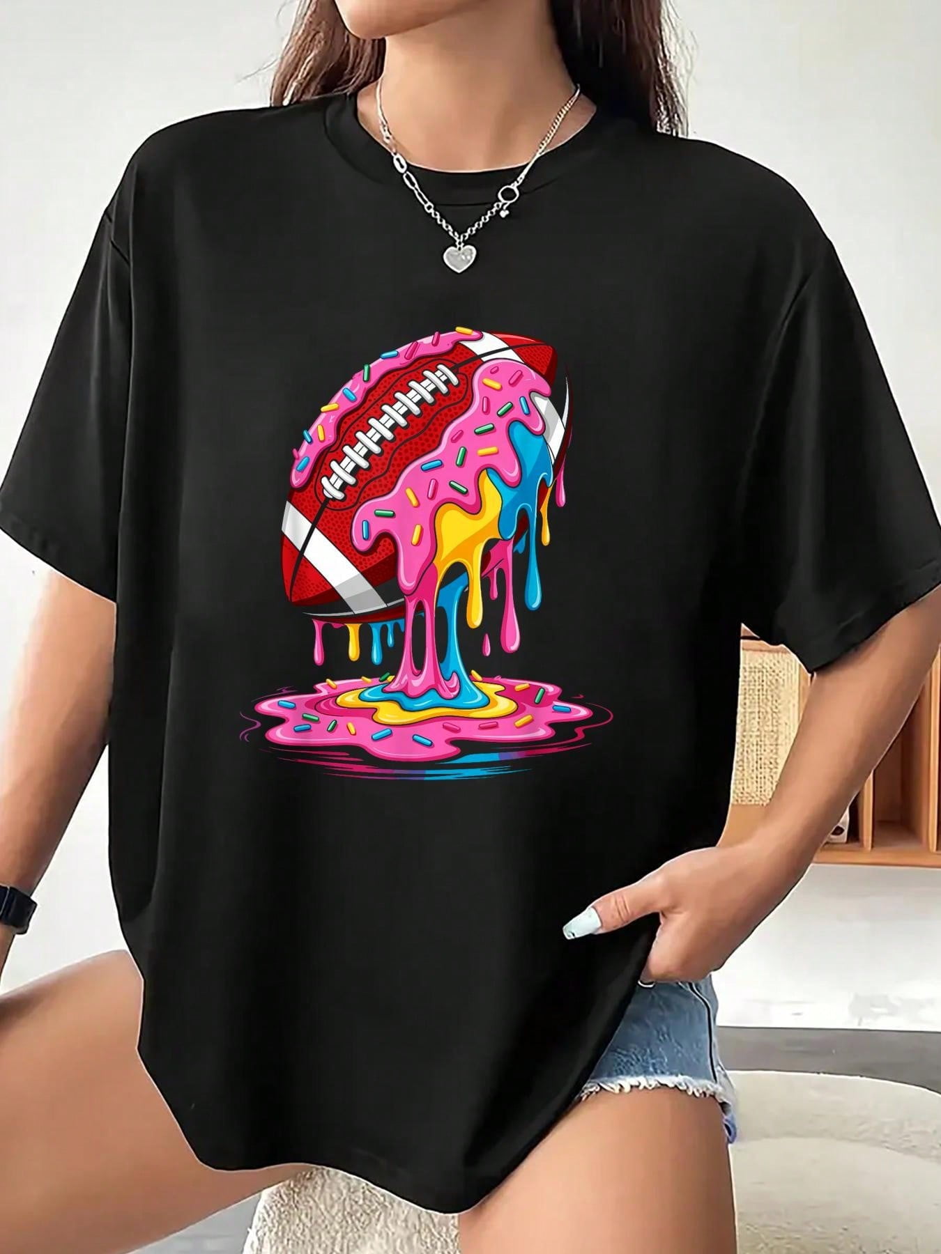 100% Cotton Women Tshirt Ice Cream Drip Football Sprinkles Football ...
