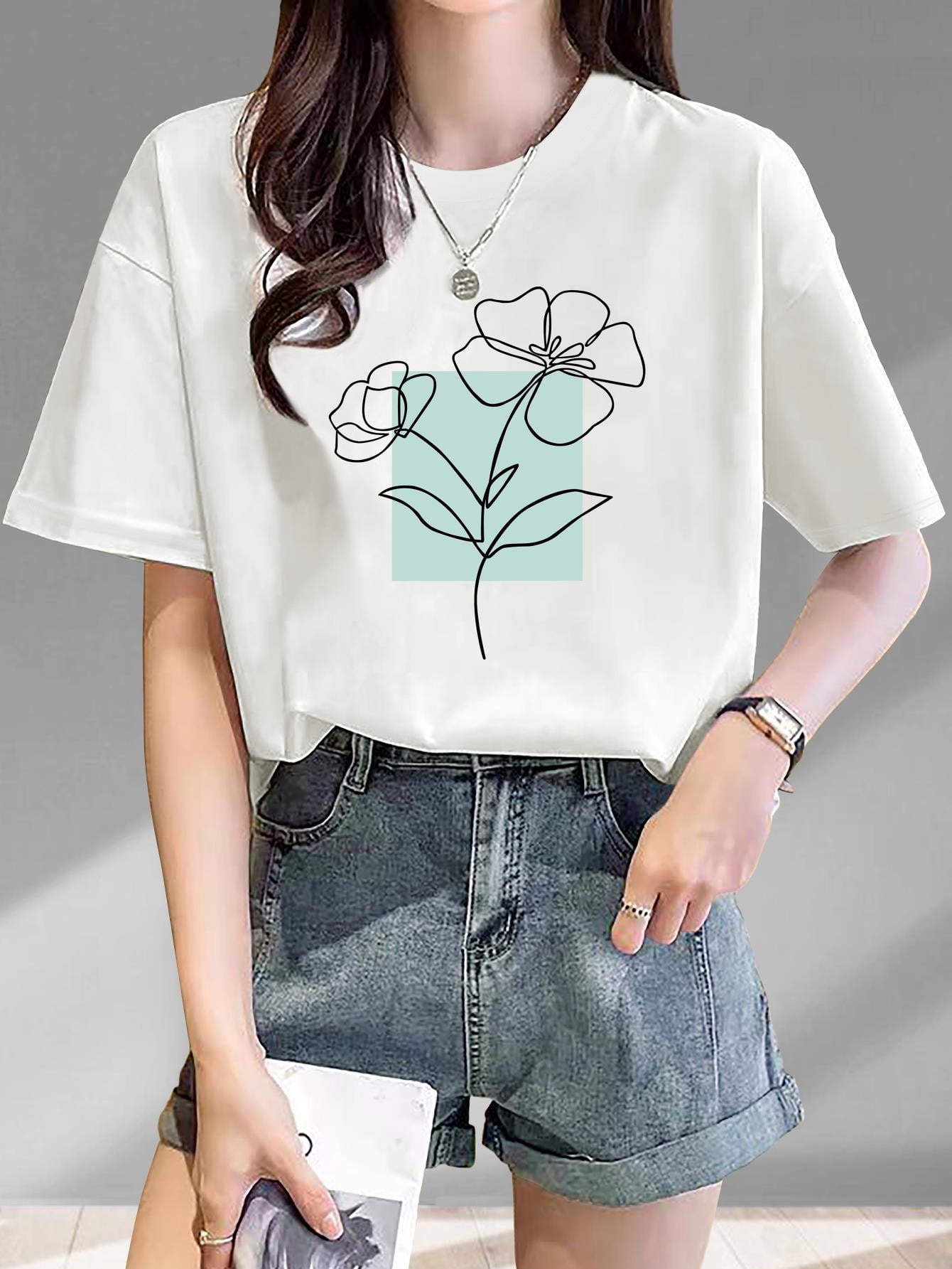 100% Cotton Women's Casual Crew Neck Floral Graphic Tee with Slight ...