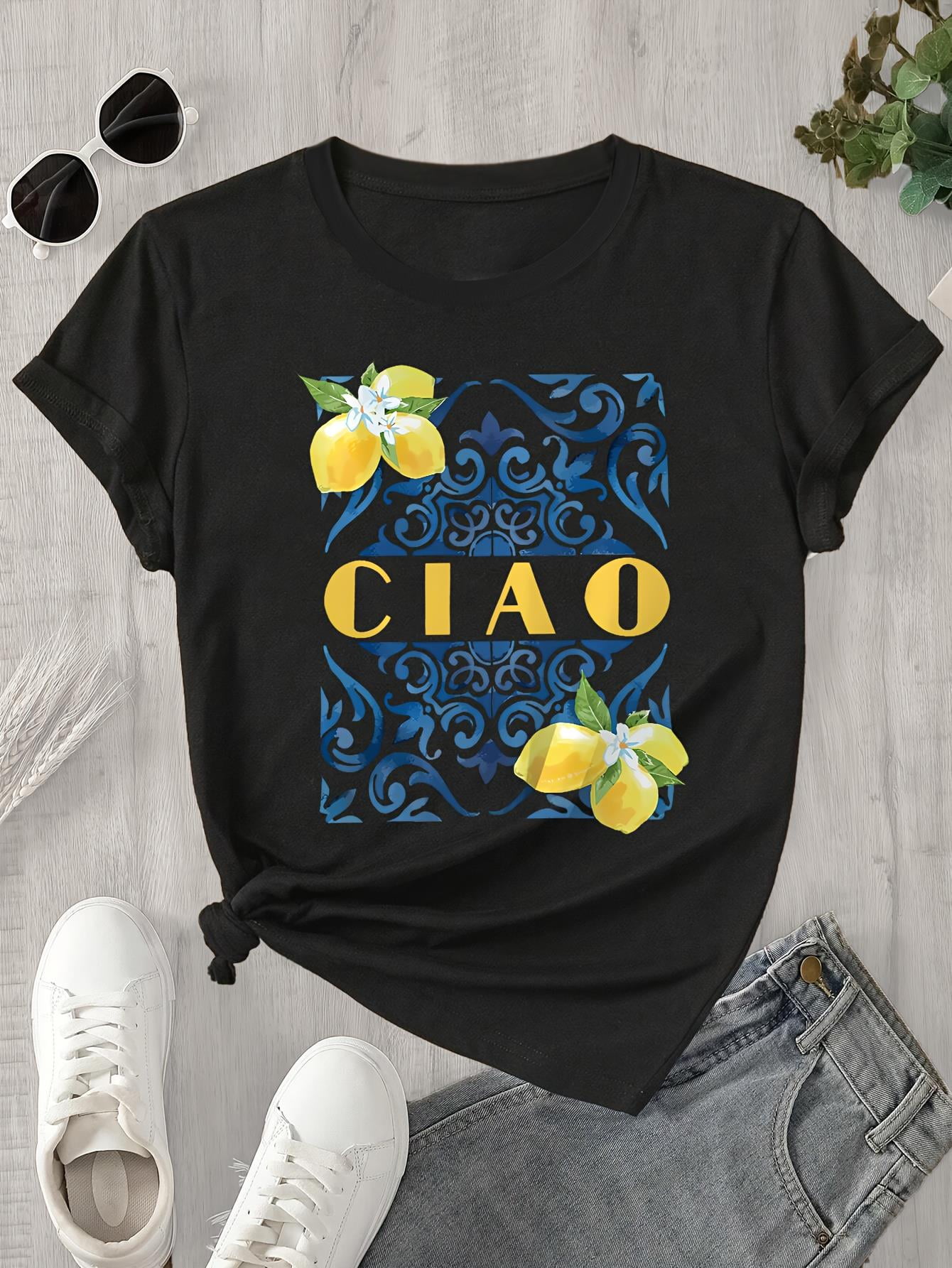 100% Cotton Women's Lemon Print T-Shirt - Black Casual Short Sleeve Tee ...