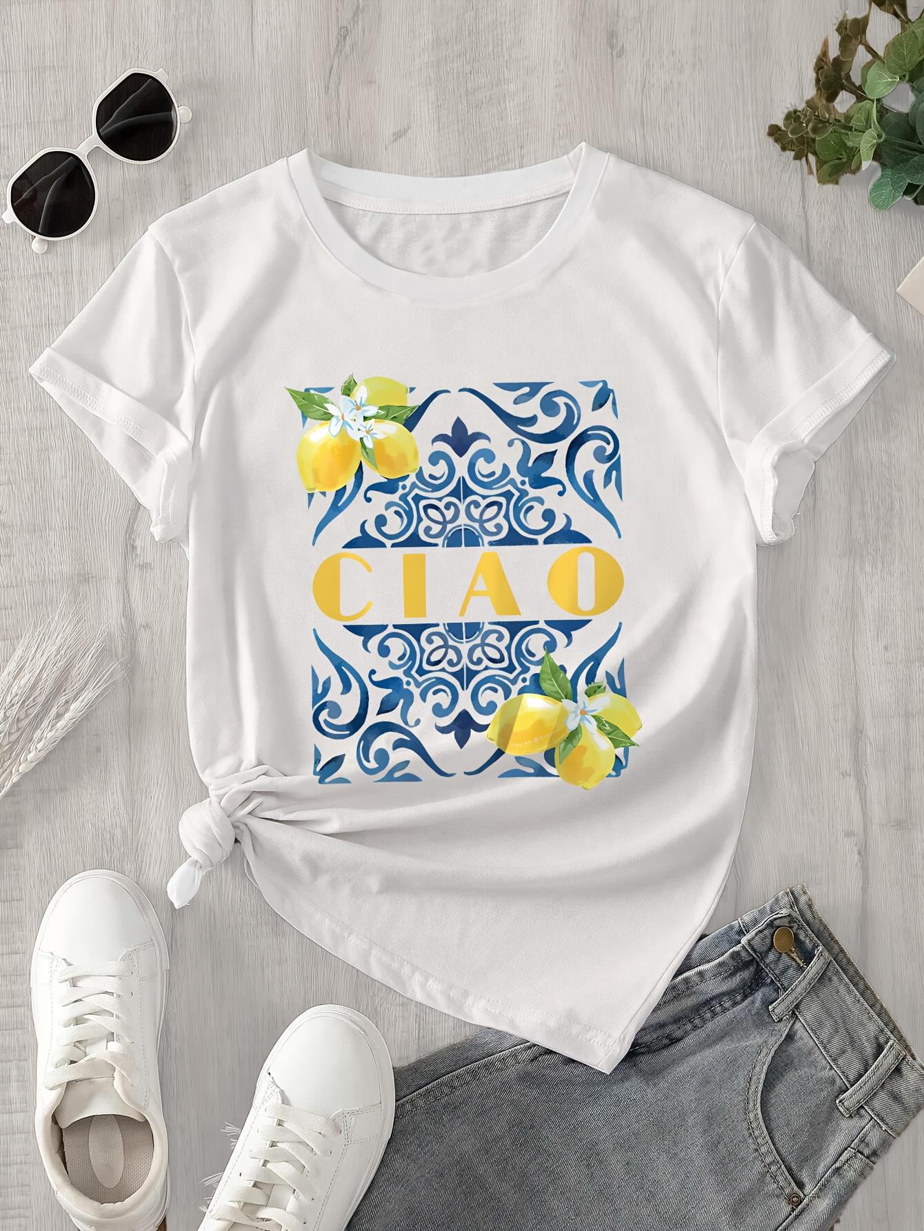 100% Cotton Women's Lemon Print T-Shirt - Black Casual Short Sleeve Tee ...