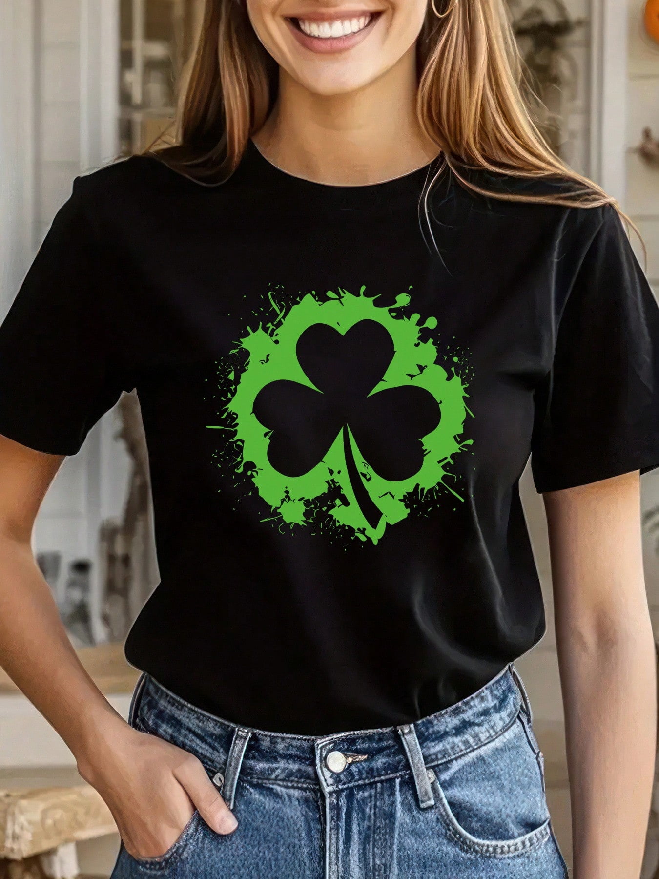 100% Cotton Women's St. Patrick's Day Black T-Shirt With Vibrant Green ...