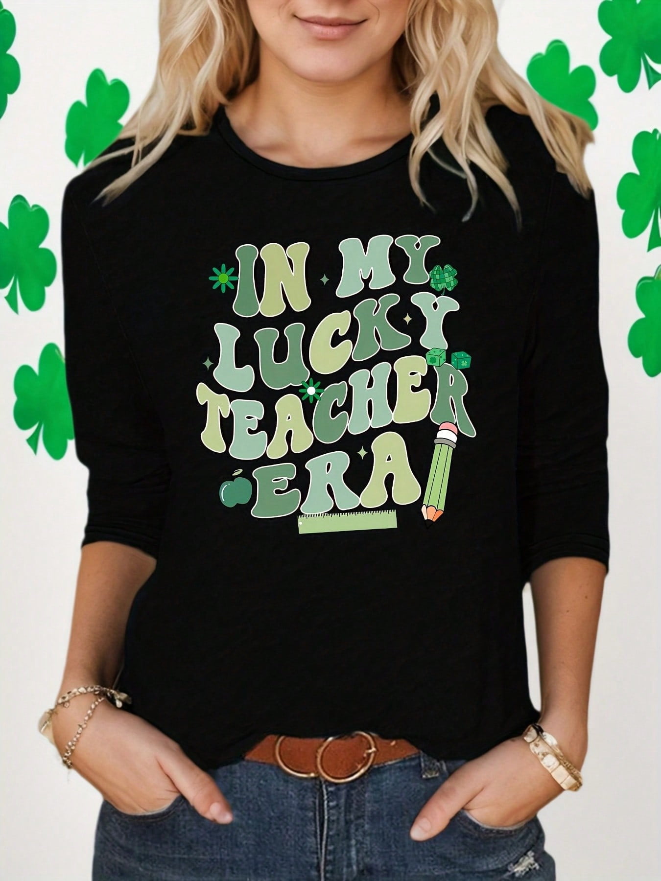 100% Cotton Women's St. Patrick's Day Lucky Teacher Graphic Long Sleeve ...