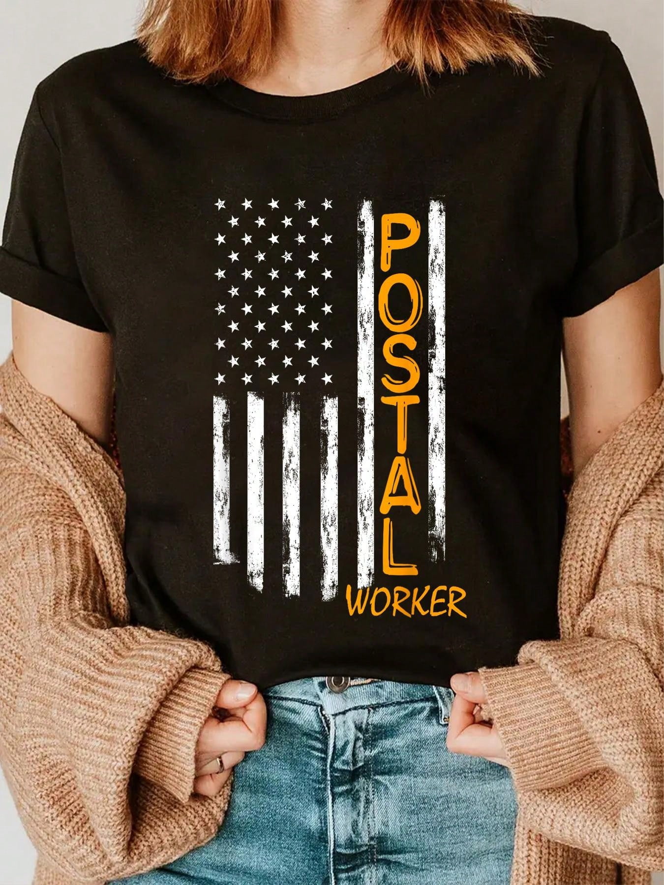 100% Cotton Worker American Distressed Flag US Postal Service T-Shirt ...