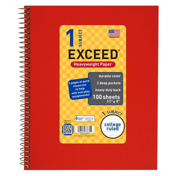 100 Count 1 Subject Red Exceed Notebook, 11" x 9", College Ruled ...