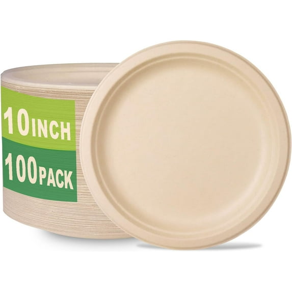100 Count 10“ Heavy-duty Compostable Plates, Unbleached Biodegradable ...