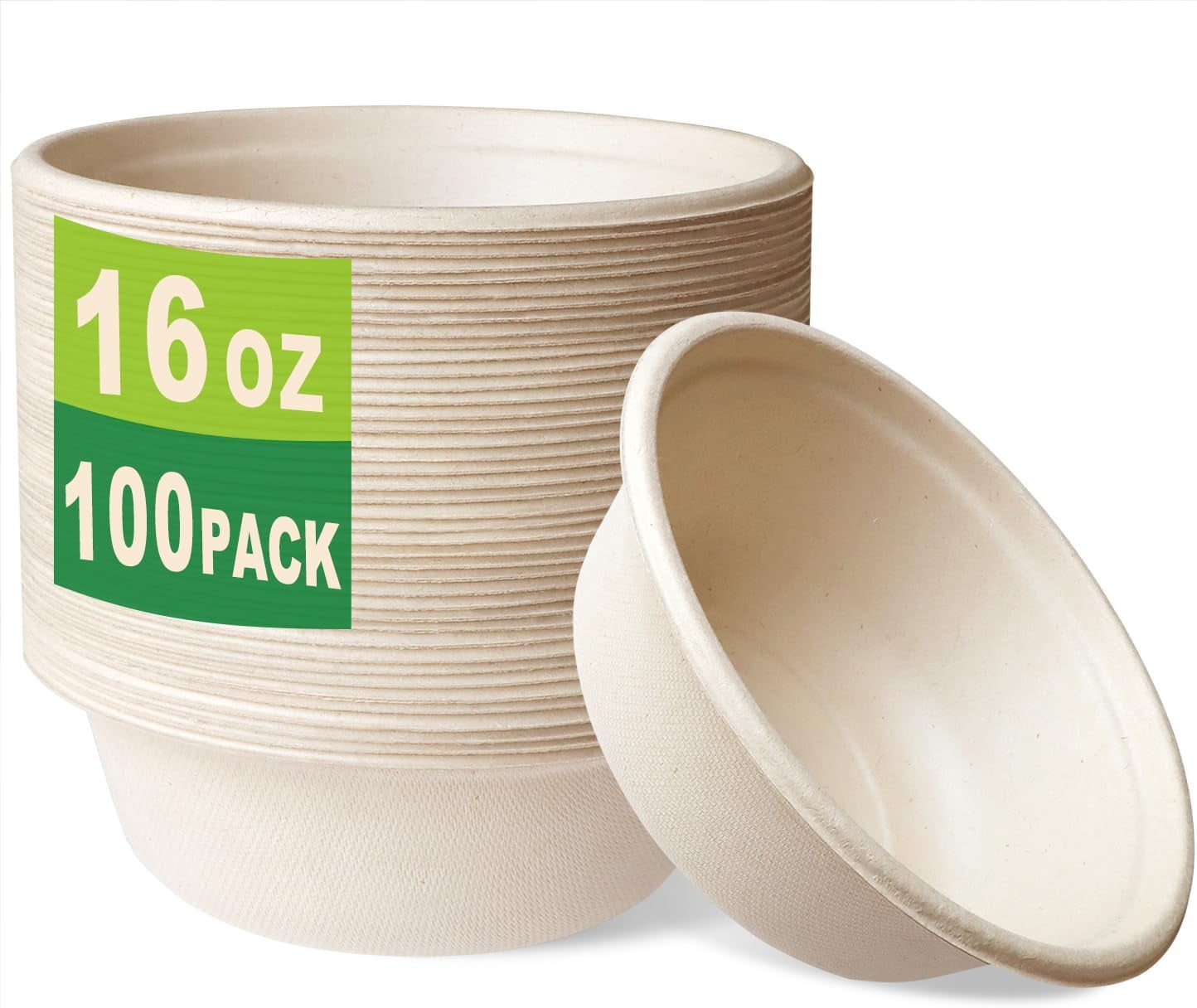 100 Count 16 OZ Compostable Bowls, Natural Unbleached Biodegradable ...