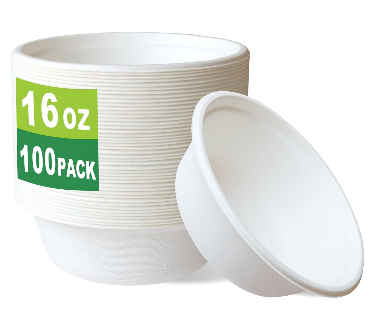 100 Count 16 OZ Compostable Bowls, White Biodegradable Bagasse and ...
