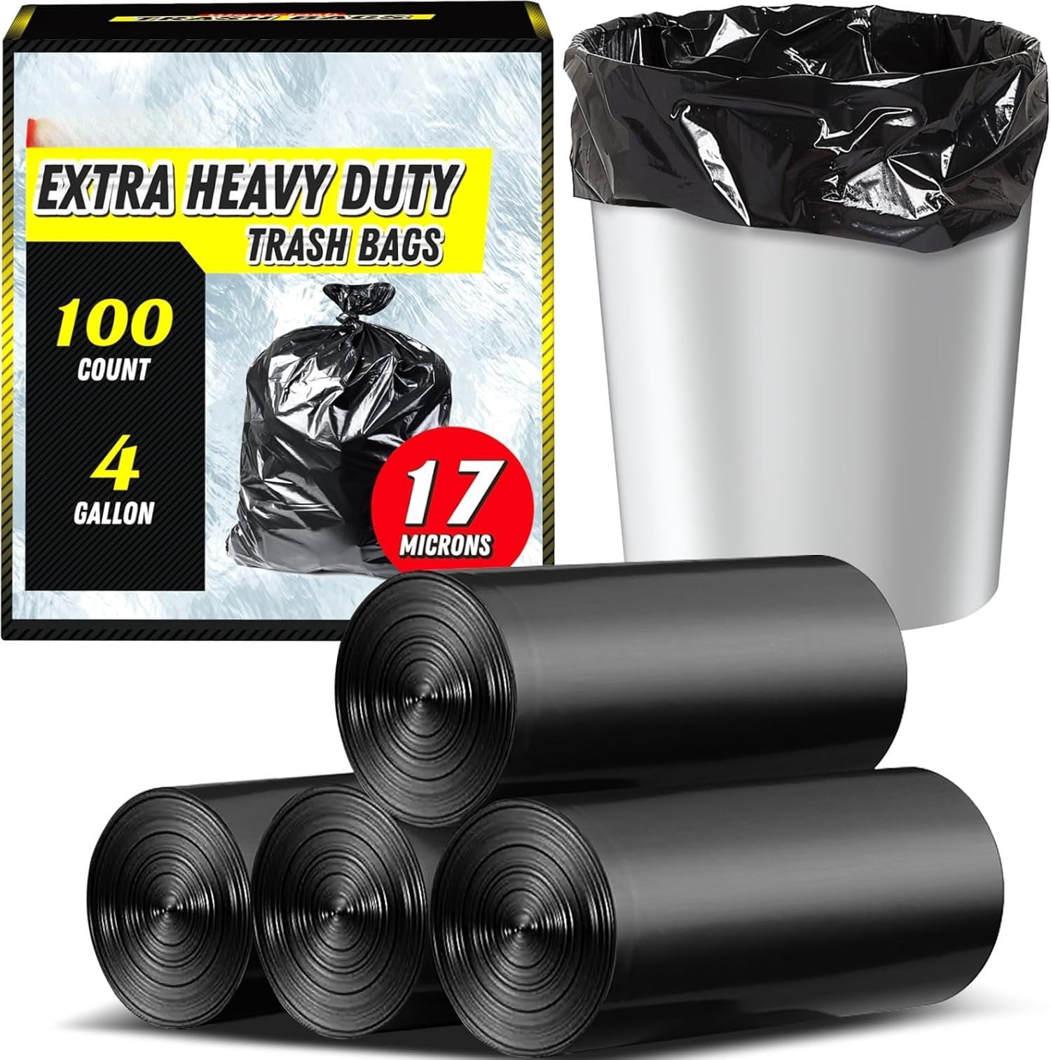 100 Count 17 Micron Extra 4 Gallon Trash Bags, Sturdy & -Resistant ...