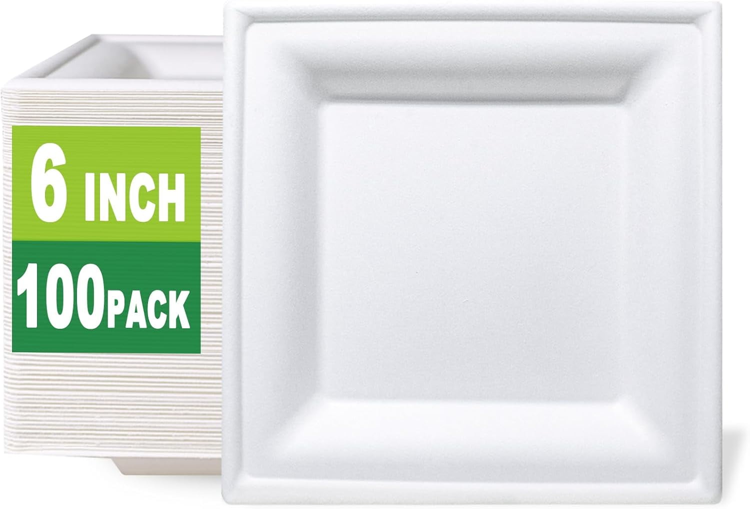 100 Count 6 Inch Small Square Compostable plates, Heavy Duty Bagasse ...