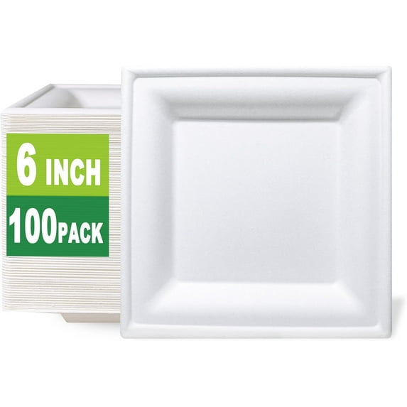 100 Count 6 Inch Small Square Compostable plates, Heavy Duty Bagasse ...