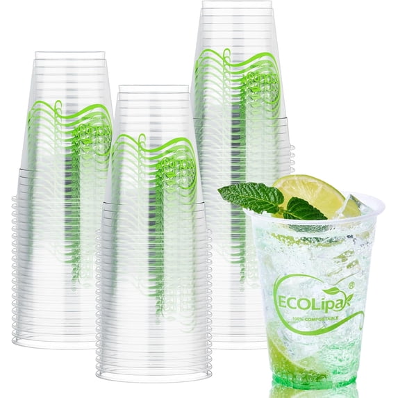 100 Count 9 OZ Clear Compostable Plastic Cups, Disposable Plant-Based ...