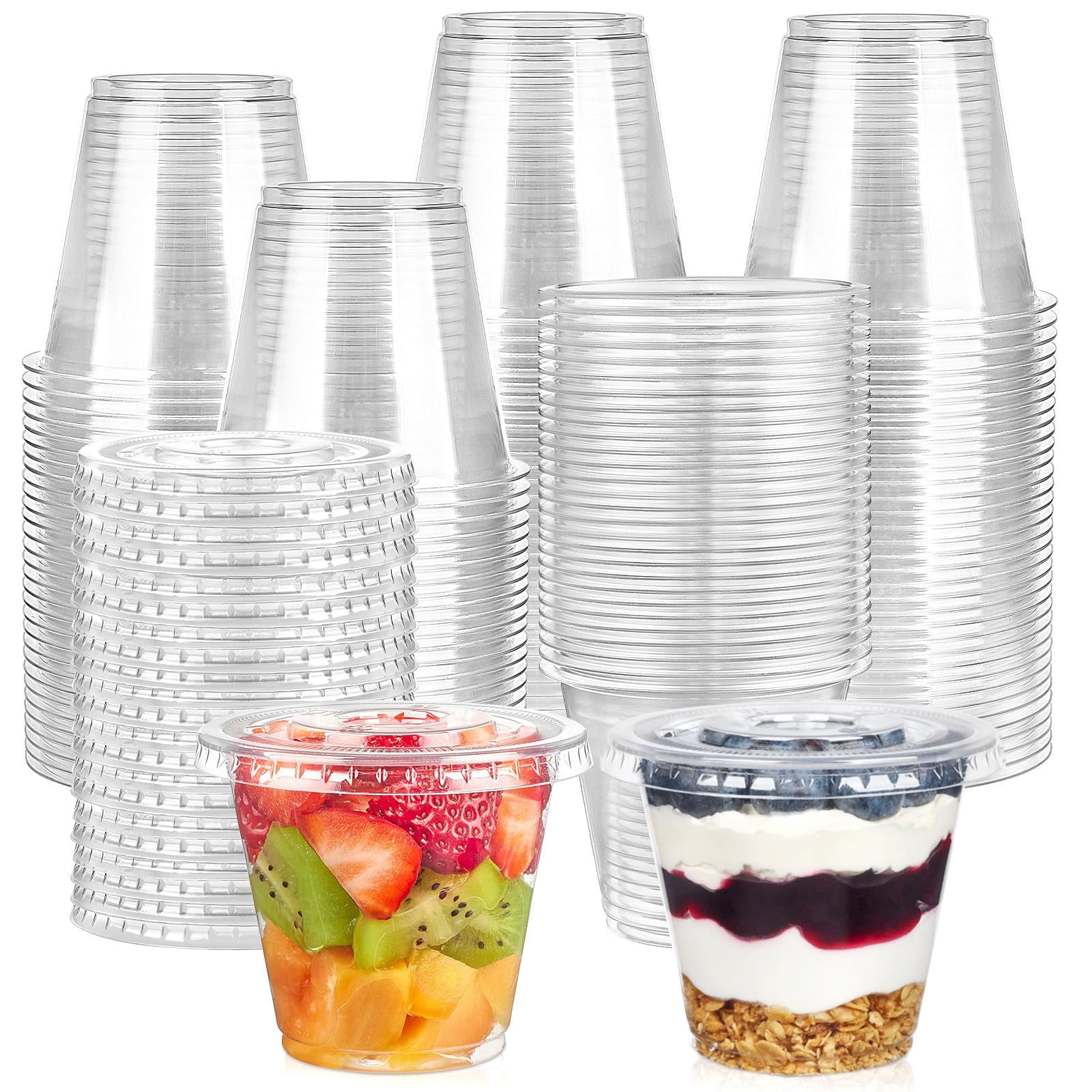 100 Count 9 Oz Disposable Plastic Cups With Lids For Dessert, Snack And ...