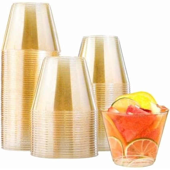 100 Count 9 oz Gold Plastic Cups, Disposable Cocktail Cups for Wedding ...