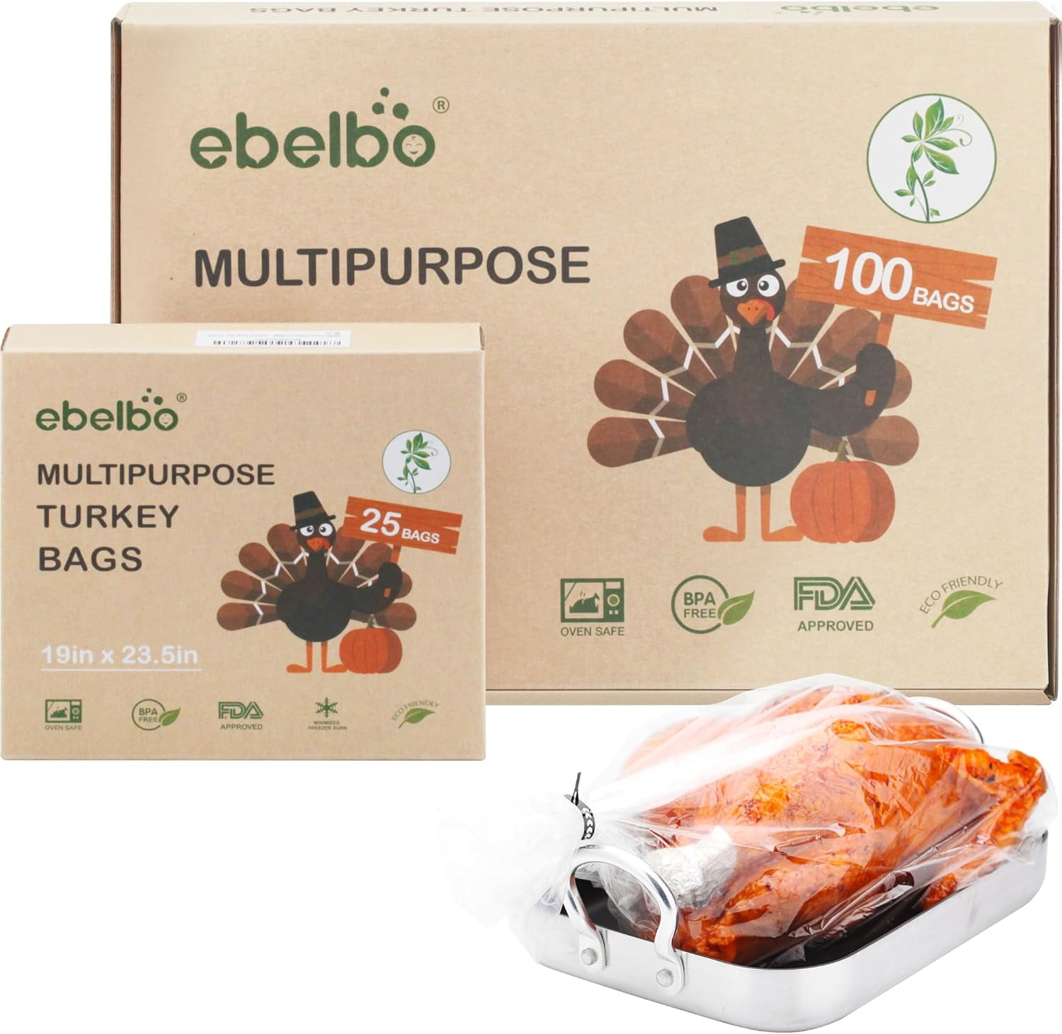 100 Count Ebelbo Nylon Turkey Oven Bags, 19x23.5 Inch Large Size BPA ...