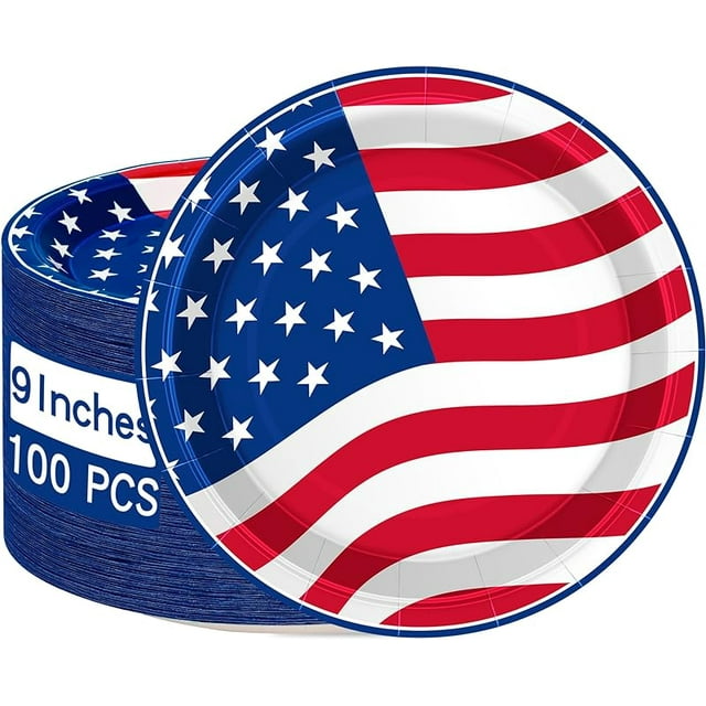 100 Count Fourth of July Plates, 9 Inches Round Disposable Plates ...