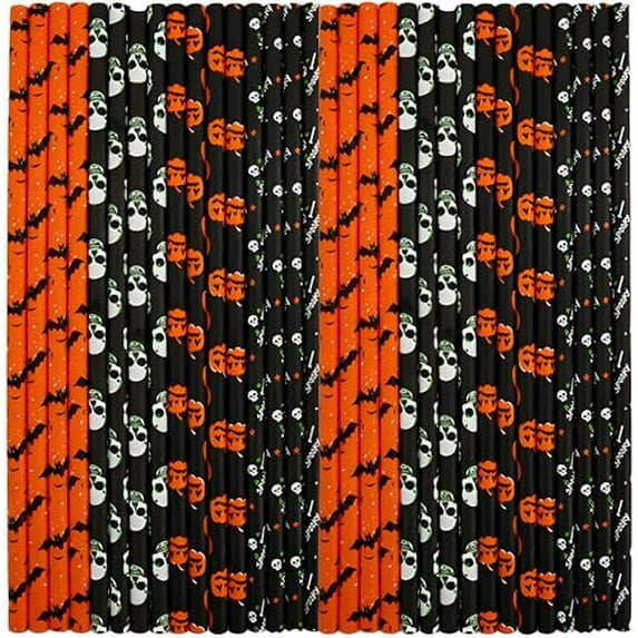 100-Count Halloween Paper Straw Set - 4 Spooky Designs (Skulls, Bats ...